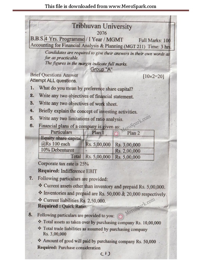 Accounting For Financial Analysis and Planning - Question Paper 2076 BS ...