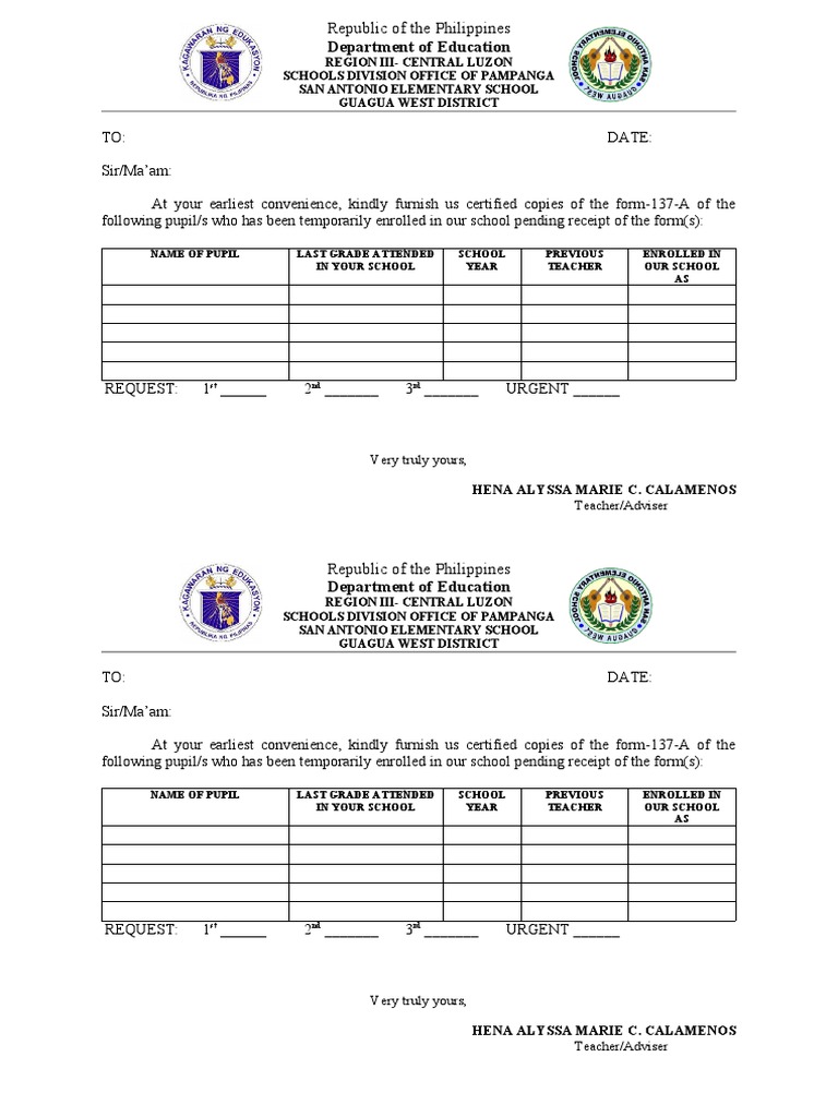 Request Form - 137 | PDF | Philippines | Elementary Schools