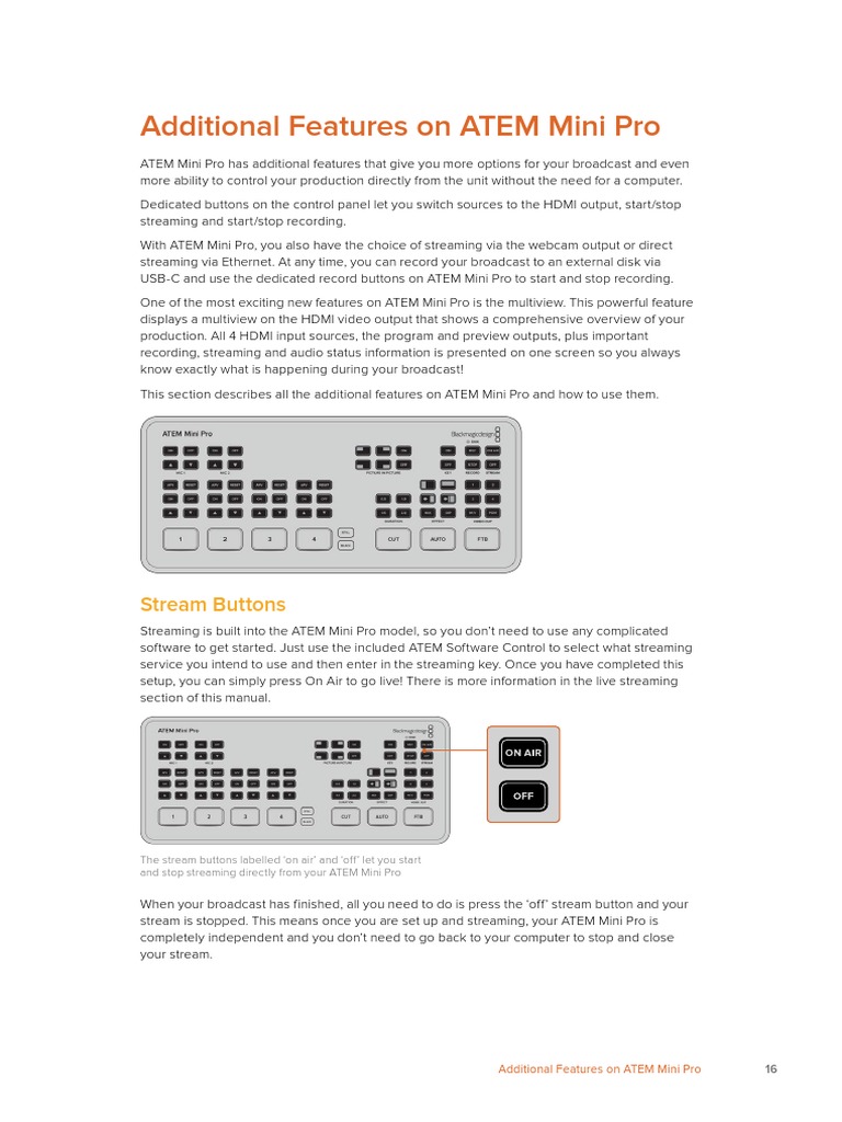 Additional Features On ATEM Mini Pro: Stream Buttons | PDF