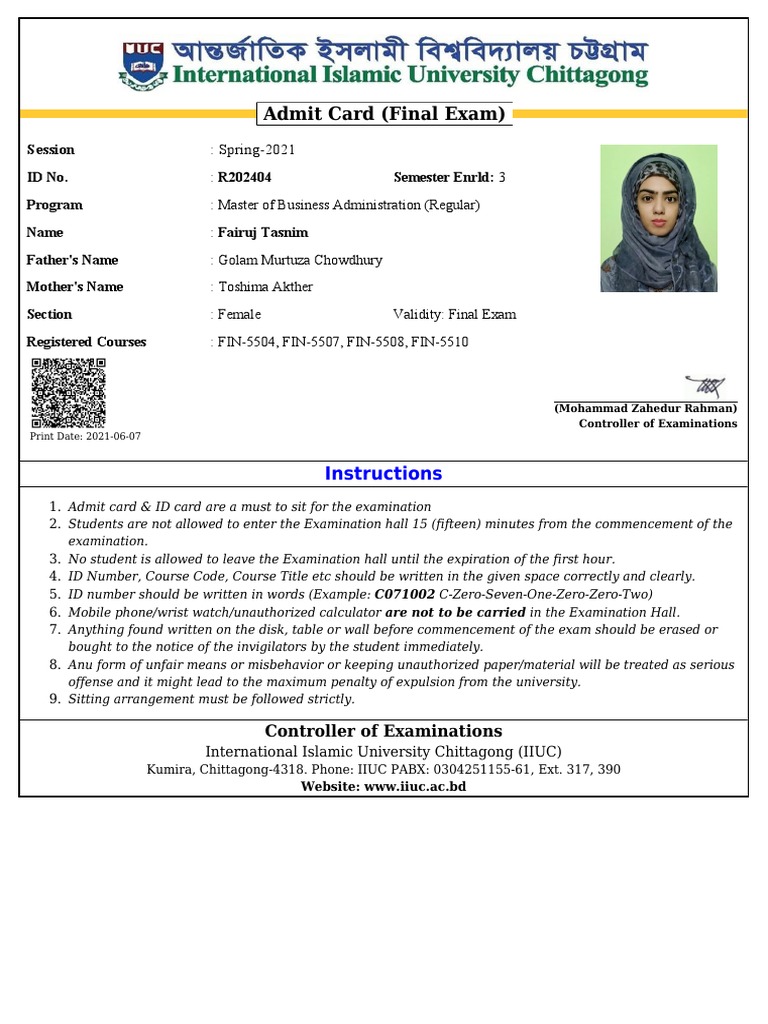 Admit Card (Final Exam) :: Spring-2021 | PDF
