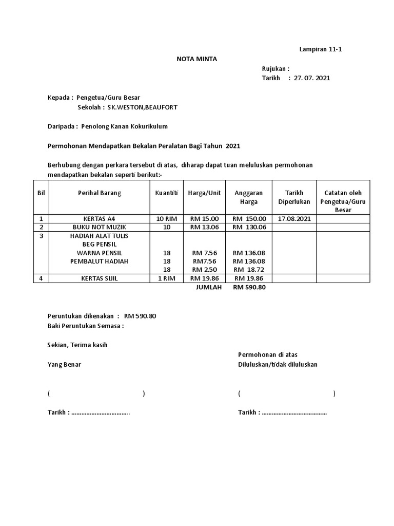 Nota Minta Panitia Muzik 2021 | PDF