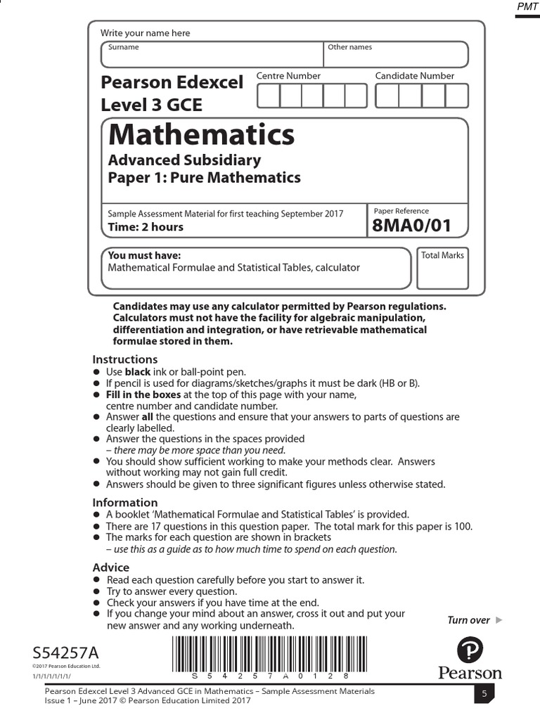 Sample QP - Paper 1 Edexcel Maths As-Level | PDF | Teaching Mathematics | Science