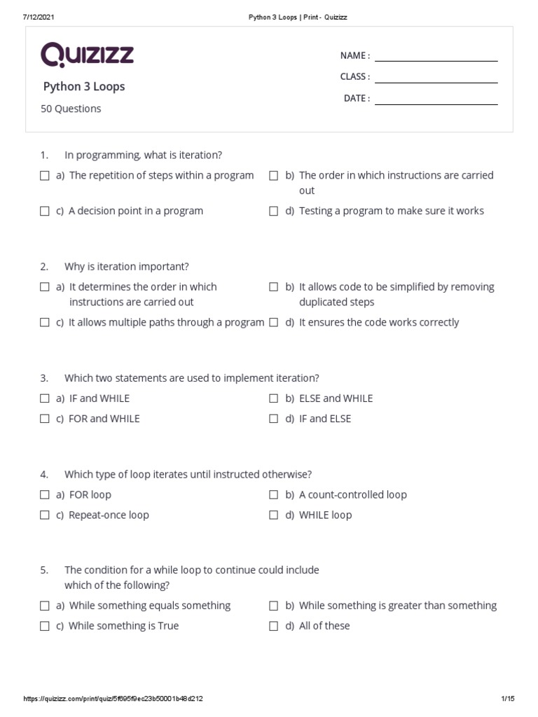 Python 3 Loops - Print - Quizizz | PDF | Control Flow | Software Engineering