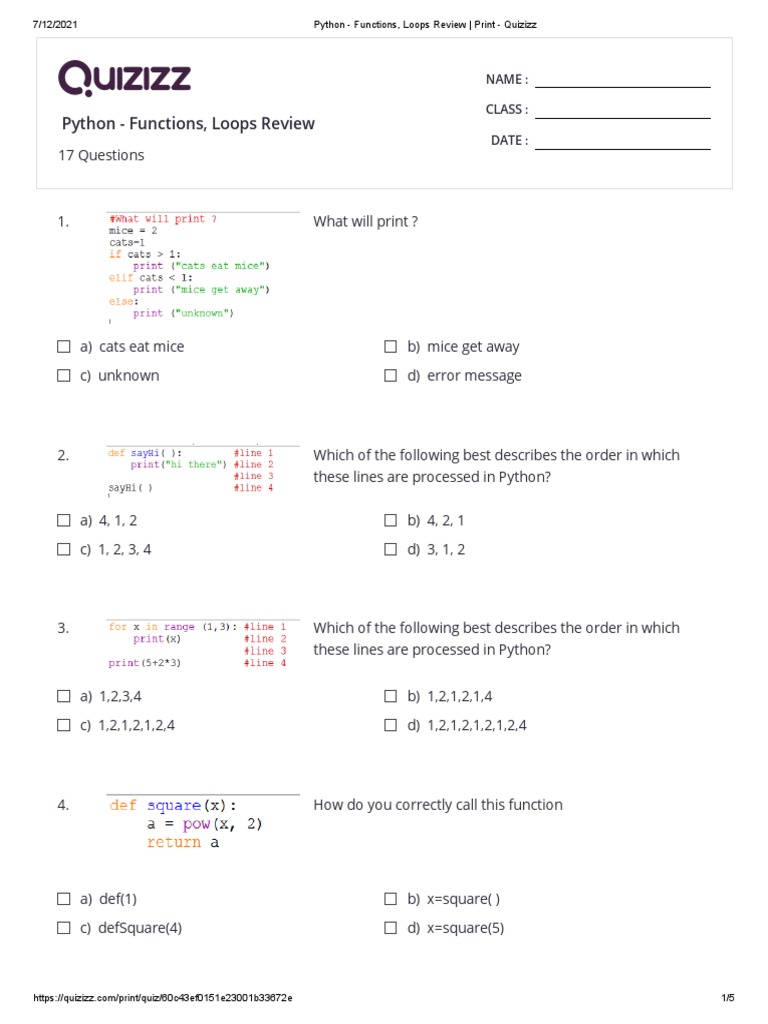 Python - Functions, Loops Review - Print - Quizizz | PDF | Computer Engineering | Computing