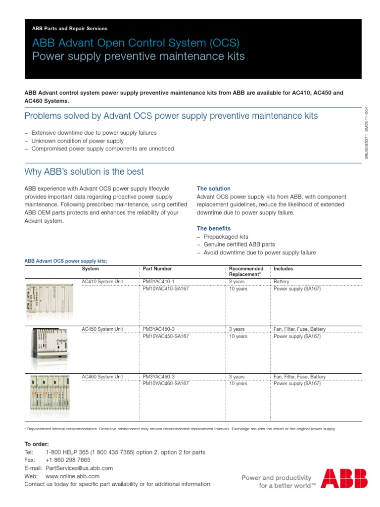 Power Supply Preventive Maintenance Kits: ABB Advant Open Control System (OCS) | PDF | Power ...