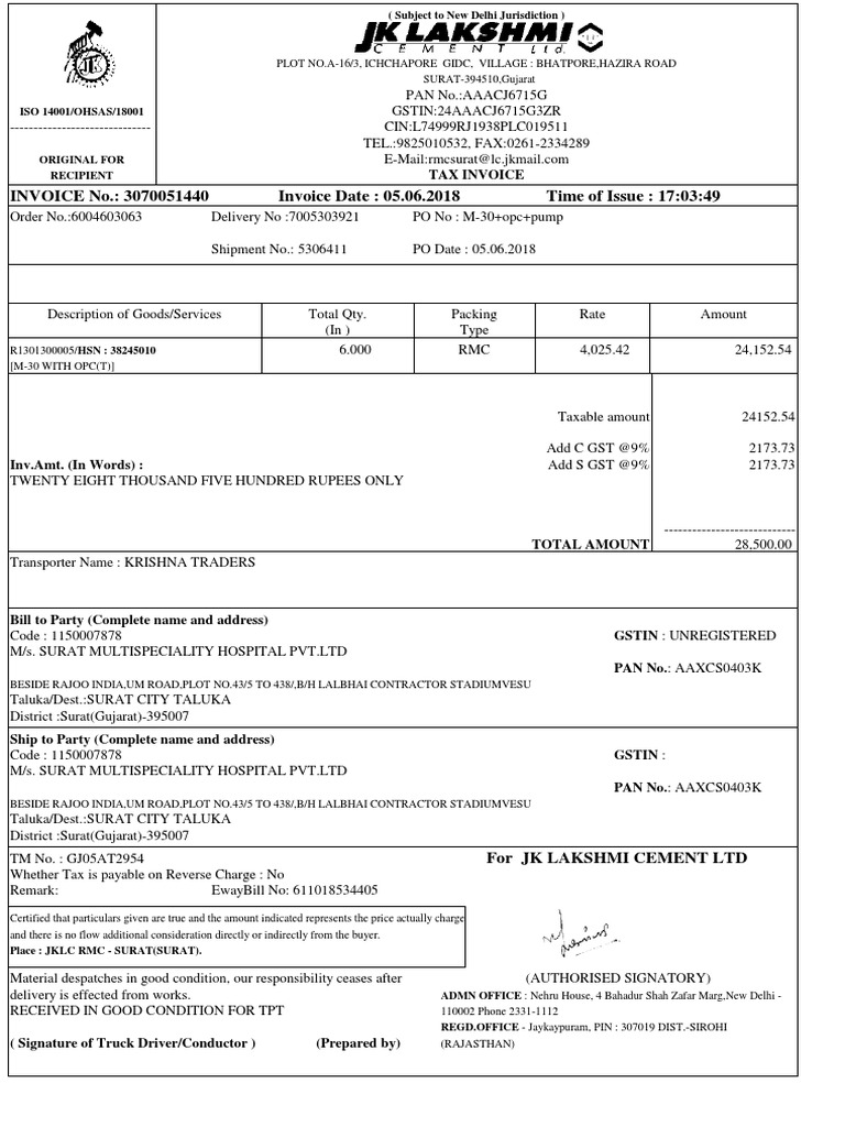 Invoice for the Sale of 6 Units of M-30 Concrete Mix with OPC and Pump ...