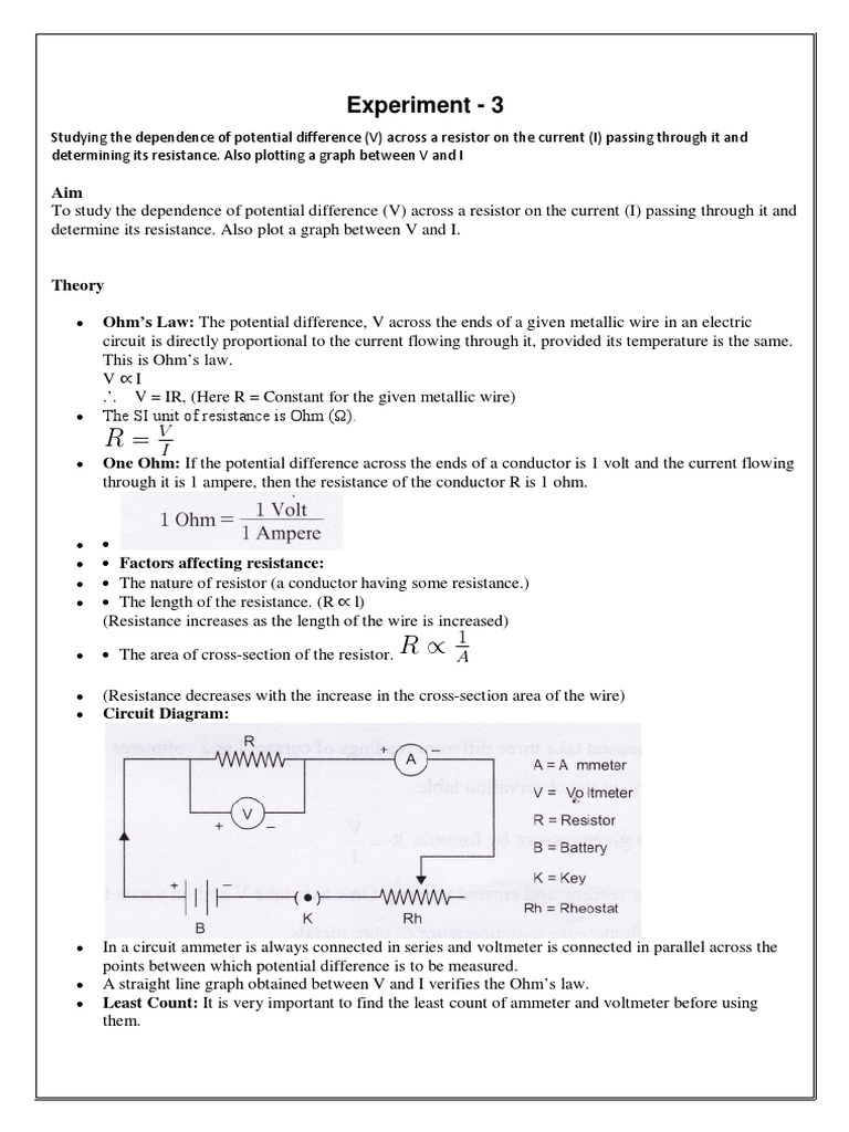 Experiment - 3: ∝ I The SI unit of resistance is Ohm (Ω) | PDF ...