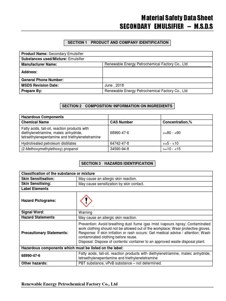 MSDS-Secondary Emulsifier | PDF | Toxicity | Firefighting