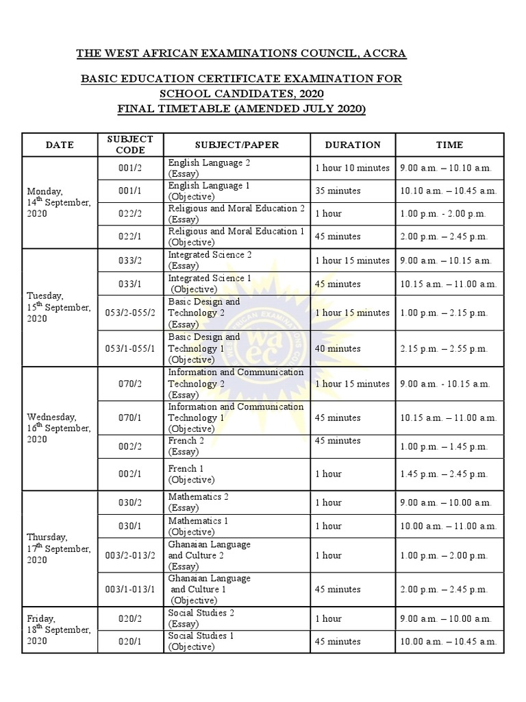 Bece School 2020 Timetable | PDF