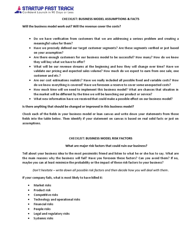 Business Model Assumptions & Risks | PDF | Business | Finance & Money ...