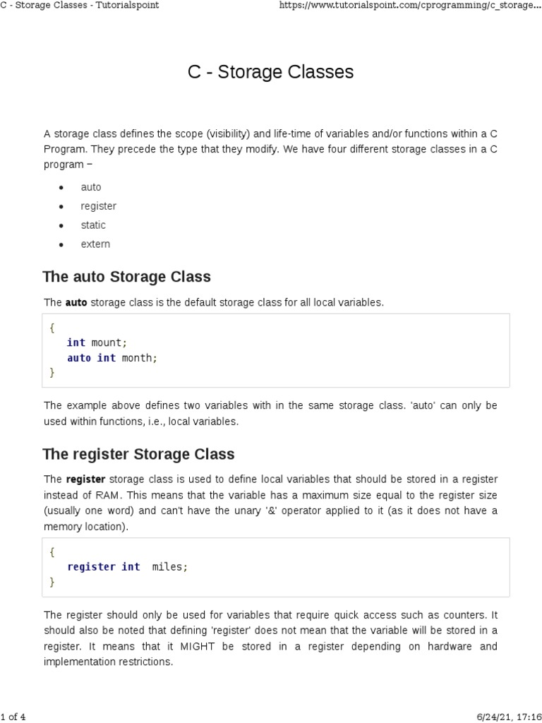 C - Storage Classes - Tutorialspoint | PDF | Class (Computer Programming) | Scope (Computer Science)