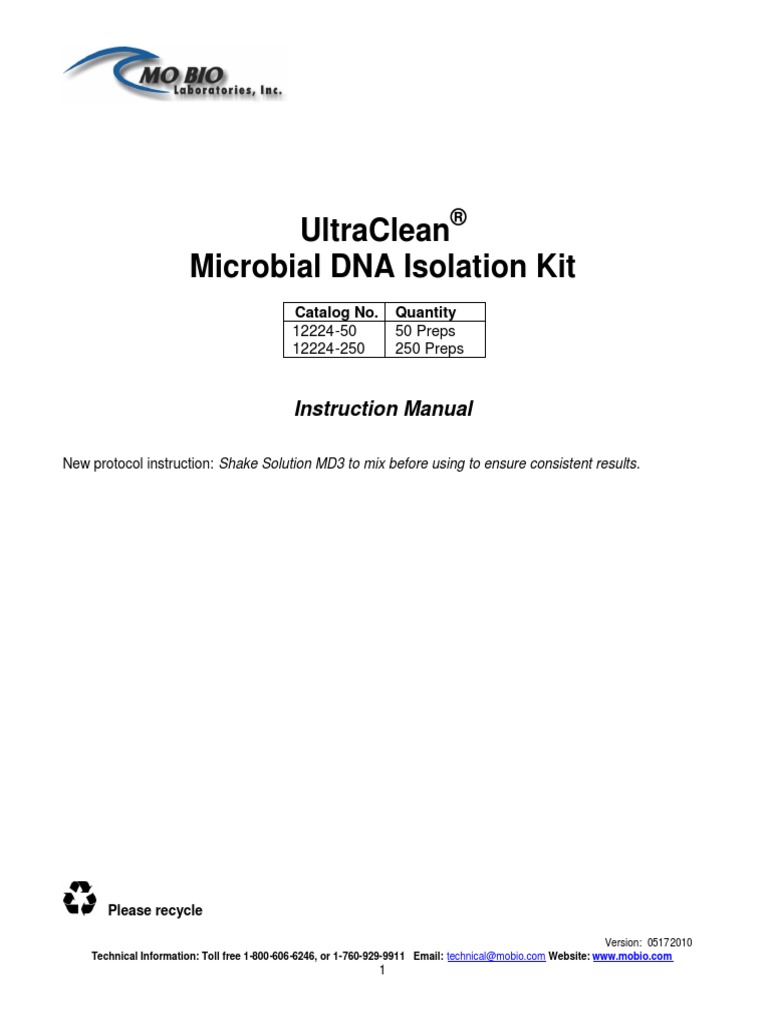 Ultraclean Microbial Dna Isolation Kit: Instruction Manual | PDF ...