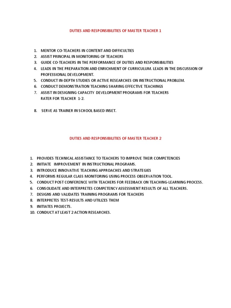 Master Teacher 1 Duties and Responsibilities | PDF | Self-Improvement