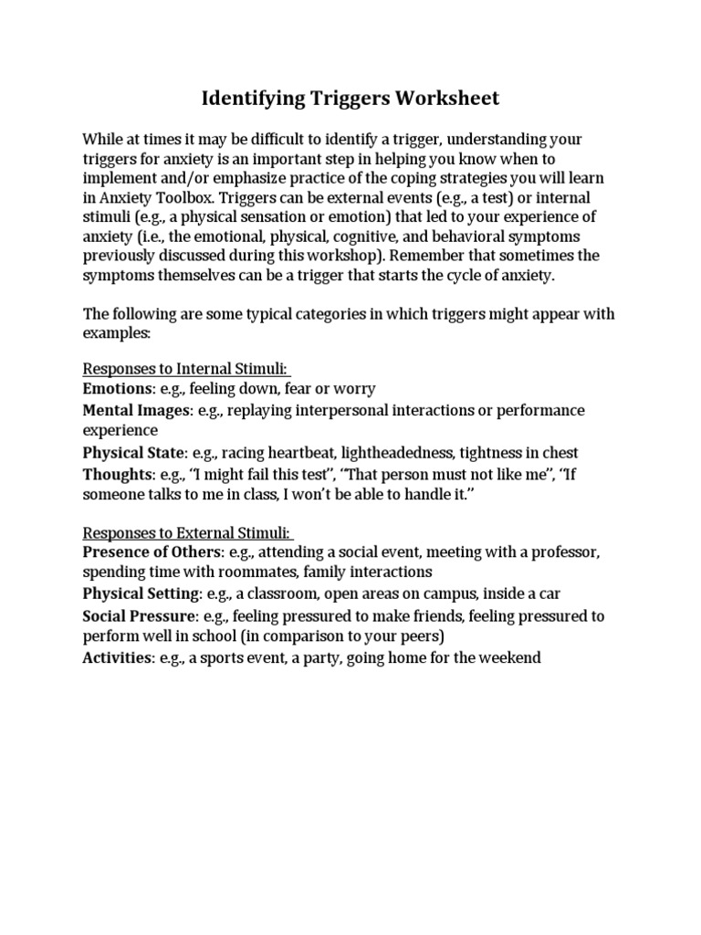 Identifying Triggers Worksheet | PDF | Anxiety | Emotions