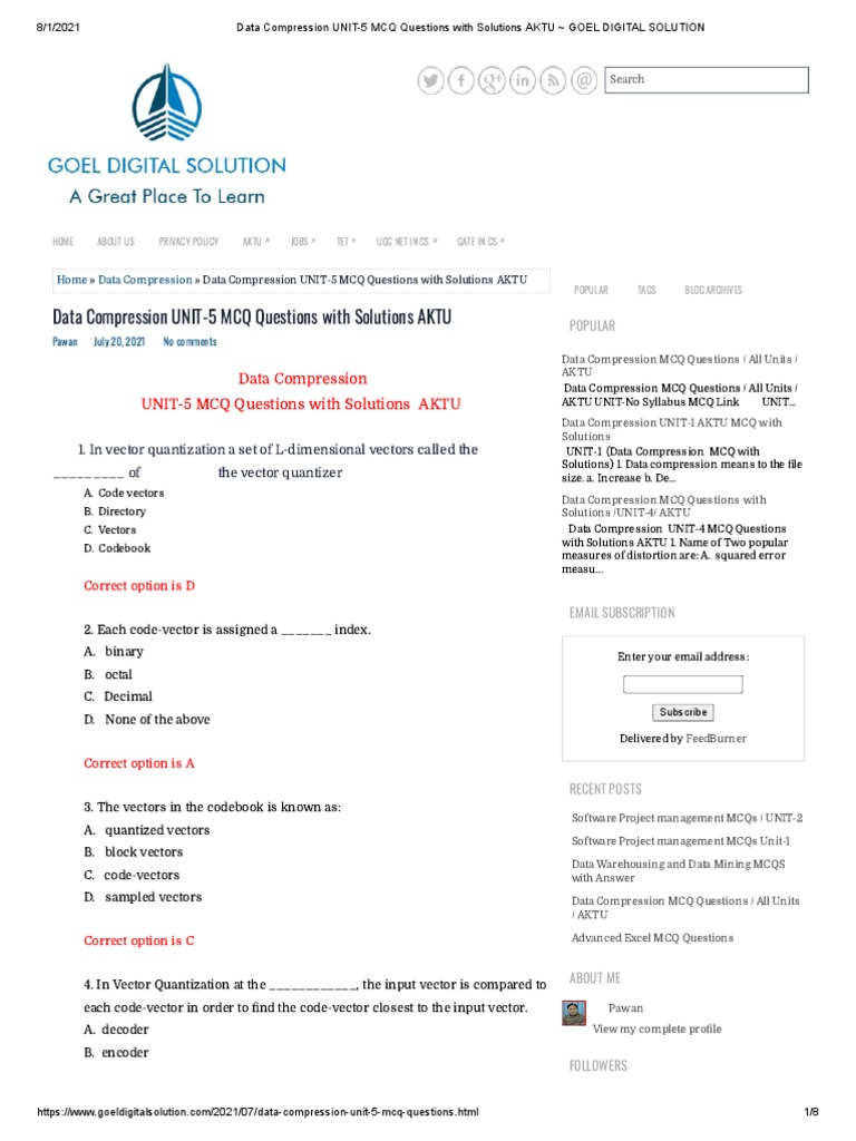 Data Compression UNIT-5 MCQ Questions With Solutions AKTU - GOEL DIGITAL SOLUTION | PDF | Data ...