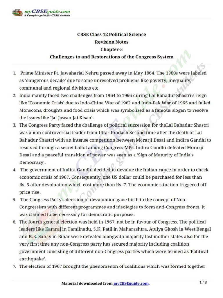 Challenges To and Restoration of Congress System | PDF