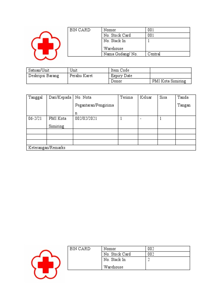 Contoh Bin Card untuk Gudang PMI | PDF