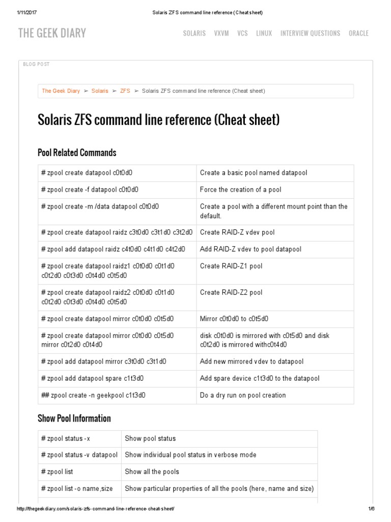 ZFS Solaris Command Line Reference (Cheat Sheet) | PDF | File System | Data Management