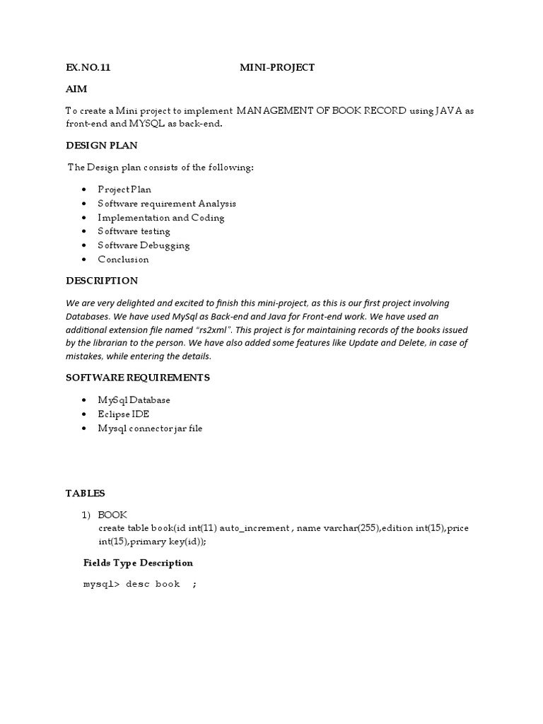 Ex - No.11 Mini-Project AIM | PDF | My Sql | Databases