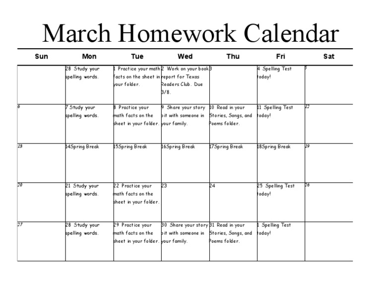 March Homework Calendar 2011 | PDF