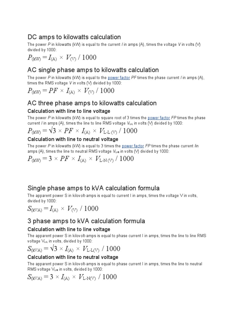DC Amps to Kilowatts Calculation Guide | PDF | Force | Electrical ...