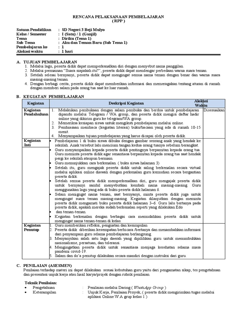 RPP Daring Kelas 1 Tema 1 ST 1 | PDF