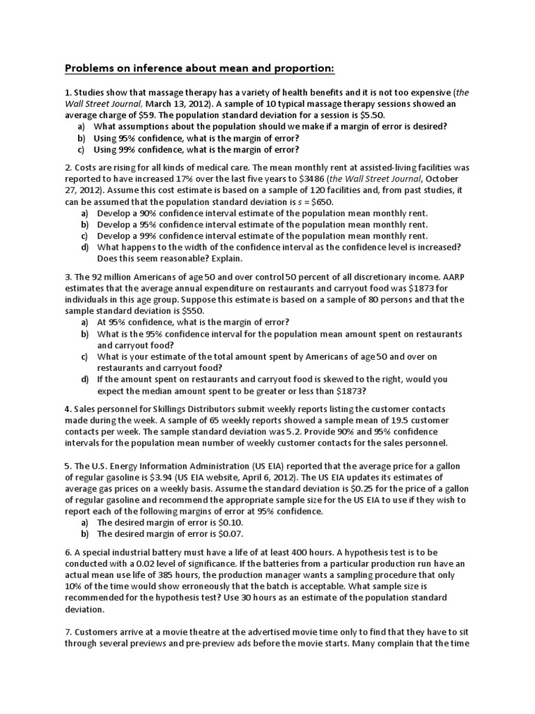 Problems On Inference About Mean and Proportion | PDF | Statistical ...