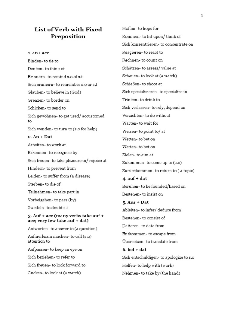 German Verbs with Fixed Prepositions | PDF | Syntax | Syntactic ...