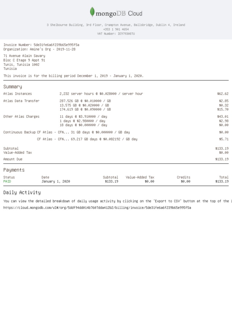 MongoDB Atlas Invoice - 2020-01-01 - Amine's Org - 2019-11-28 | PDF