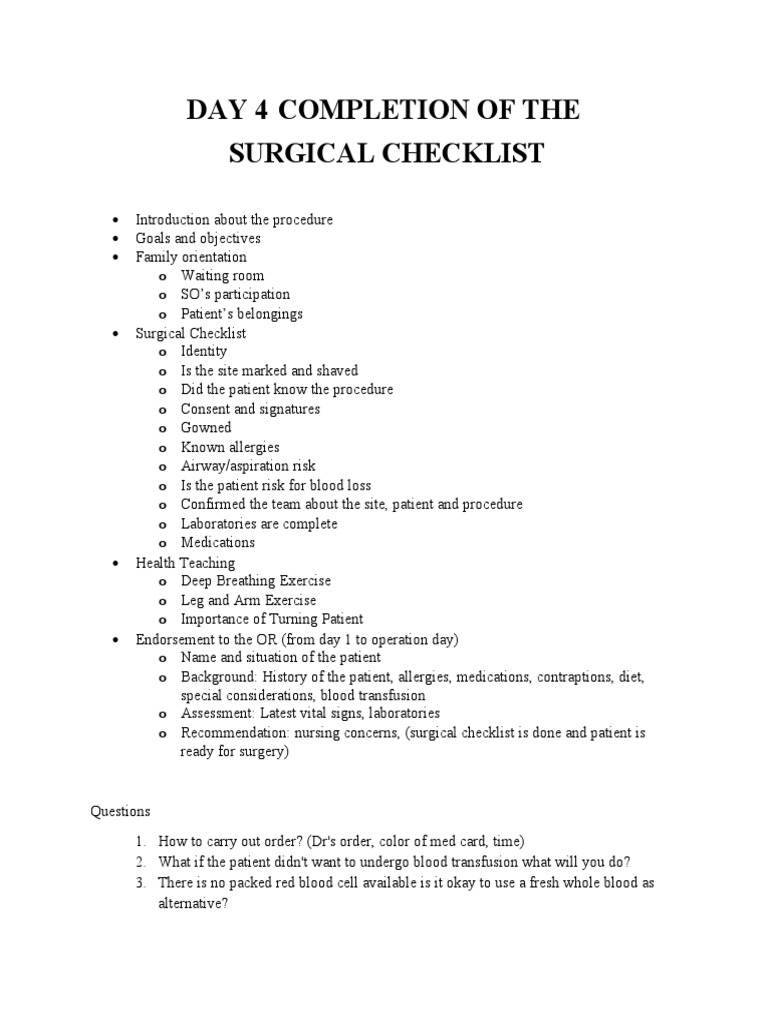 Day 4 Completion of The Surgical Checklist | PDF | Blood Transfusion ...