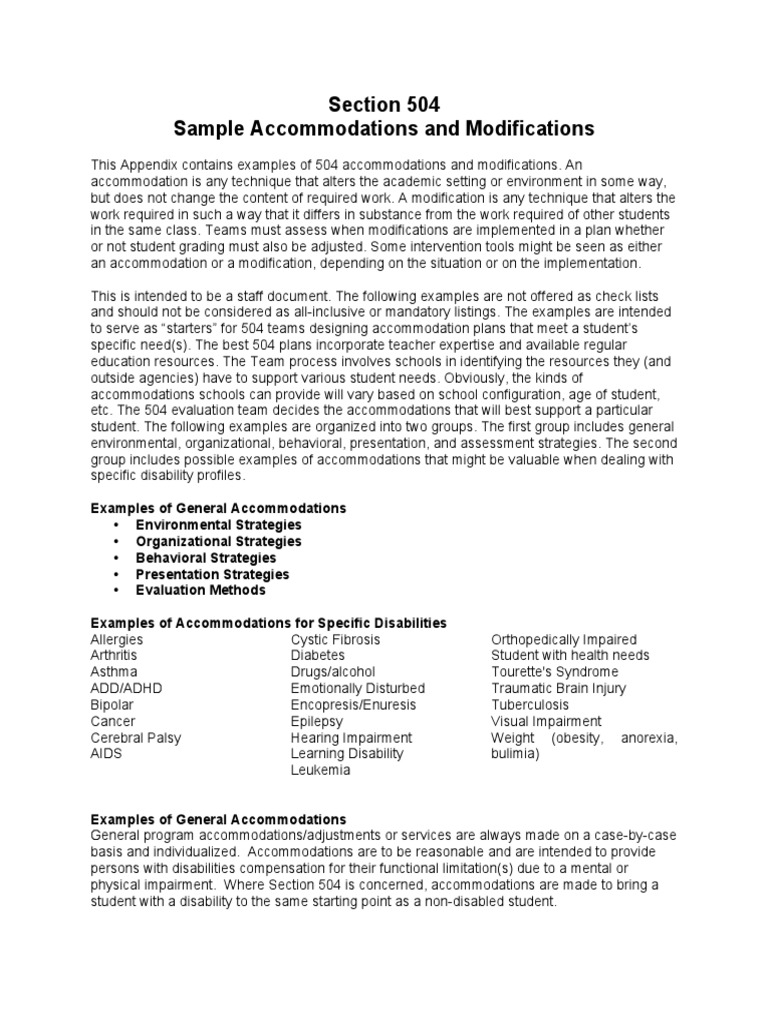 Section 504 Sample Accommodations and Modifications: Examples of ...