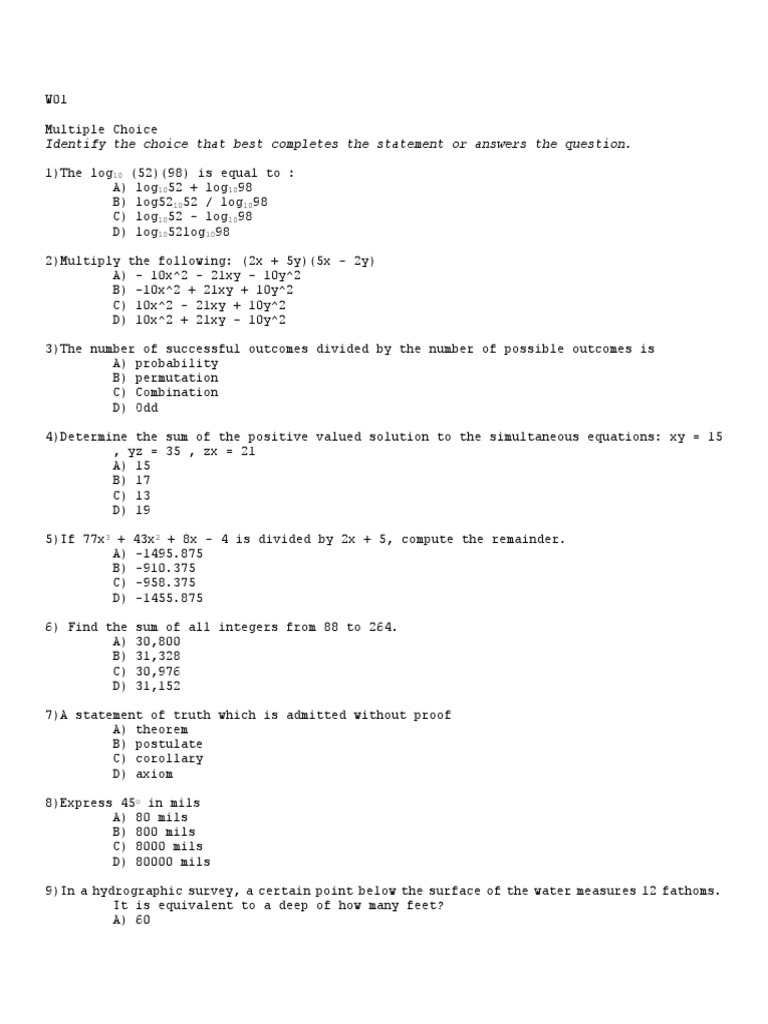 Weekly Exam Answers | PDF | Summation | Numbers
