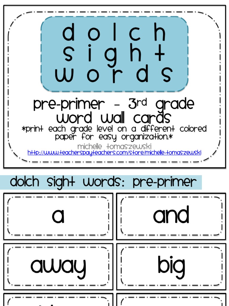 Dolch Sight Words: Pre-Primer 3 Grade Word Wall Cards | PDF