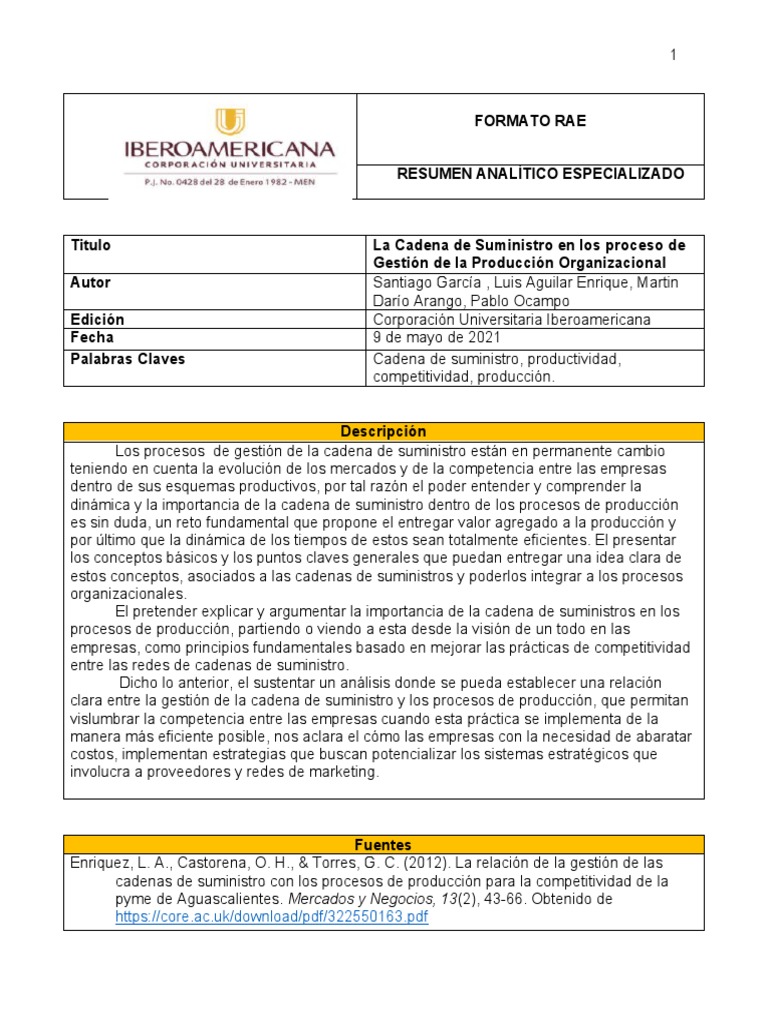 Formato Rae | PDF | Teoría | Gestión de la cadena de suministro