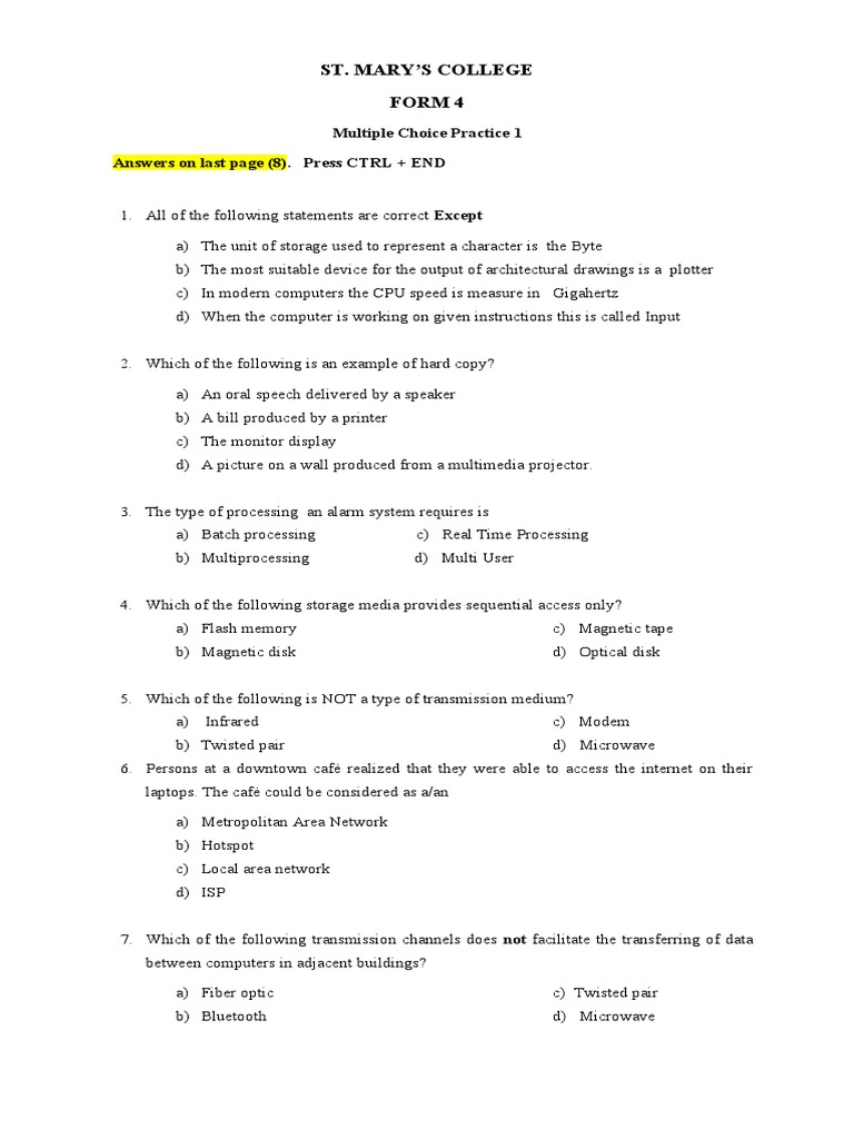 St. Mary's College Form 4 Multiple Choice Practice 1 Answers | PDF | Computer Data Storage ...