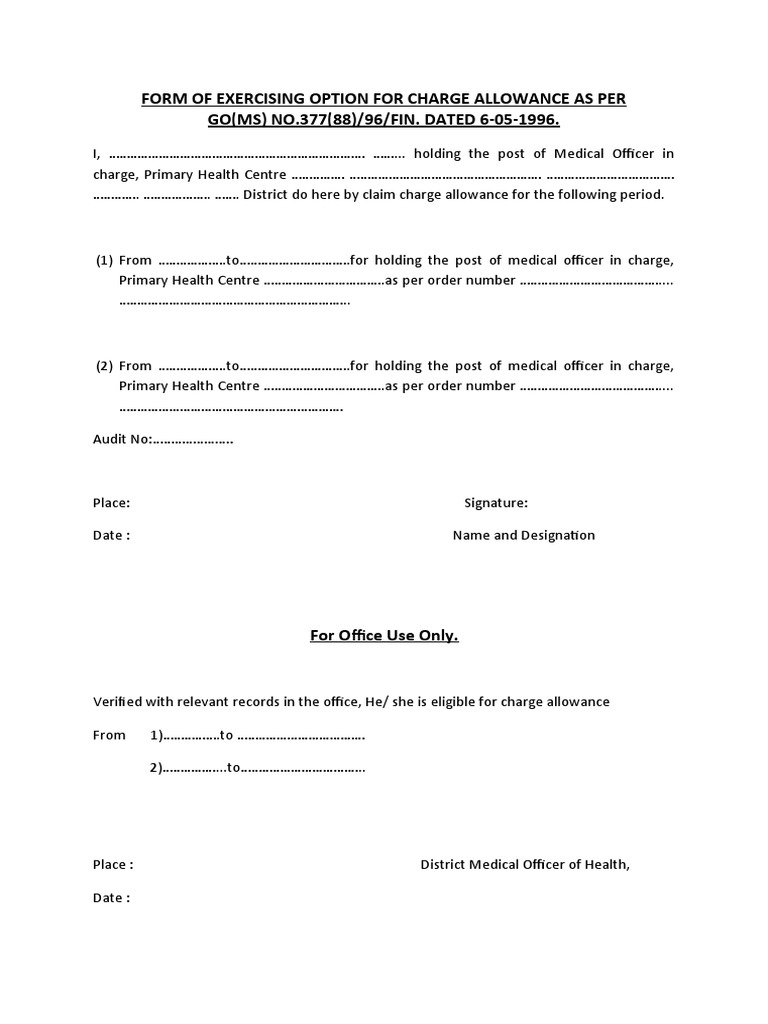 Form of Exercising Option For Charge Allowance As Per GO (MS) NO.377 ...