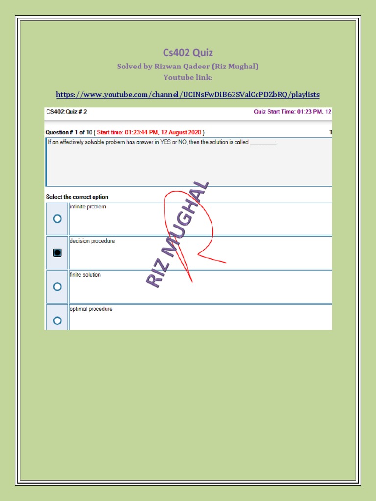 Cs402 Quiz: Solved by Rizwan Qadeer (Riz Mughal) Youtube Link | PDF