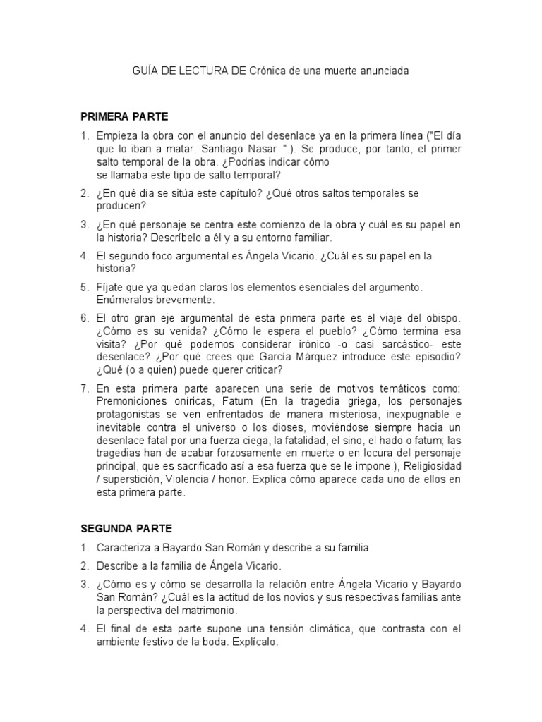Guía de lectura: Crónica de una muerte anunciada | PDF | Thriller y ...