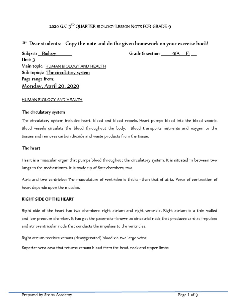 Biology Grade 9 - Lesson Note | PDF | Heart Valve | Atrium (Heart)
