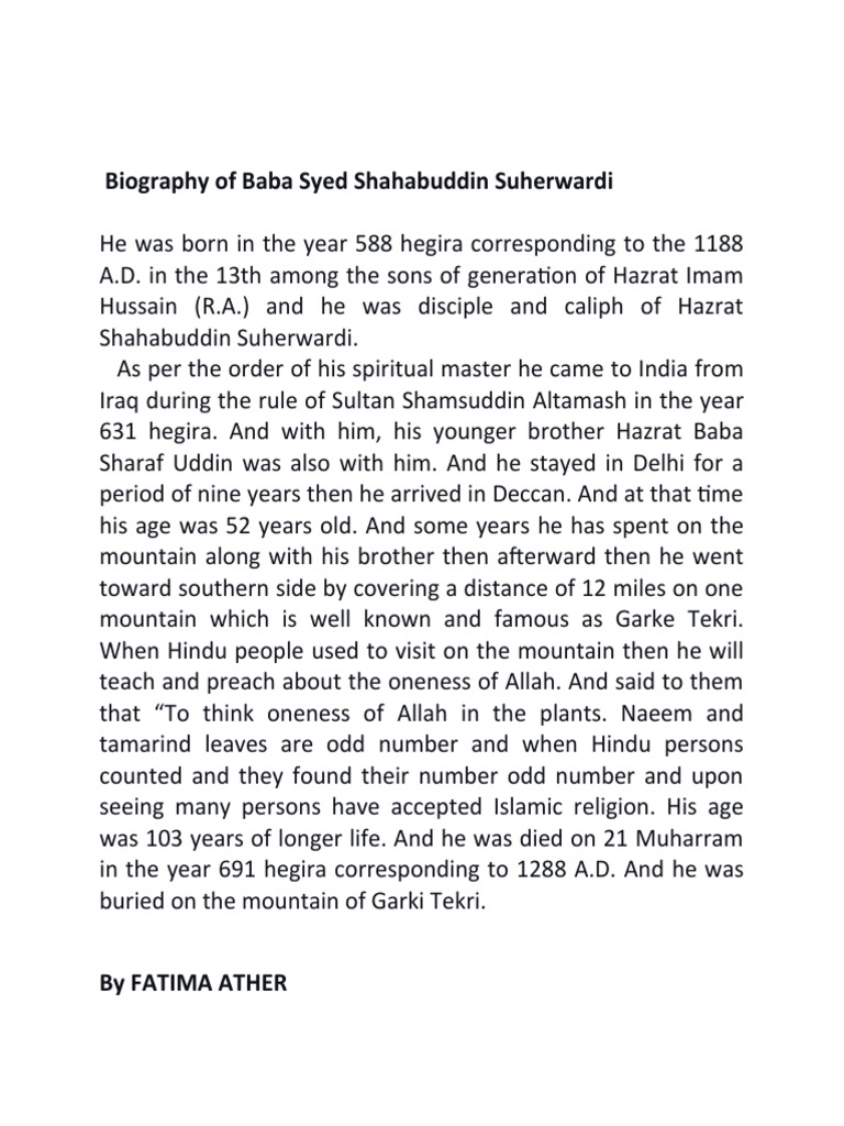 A Brief Biography of Baba Syed Shahabuddin Suherwardi Hyderabad | PDF