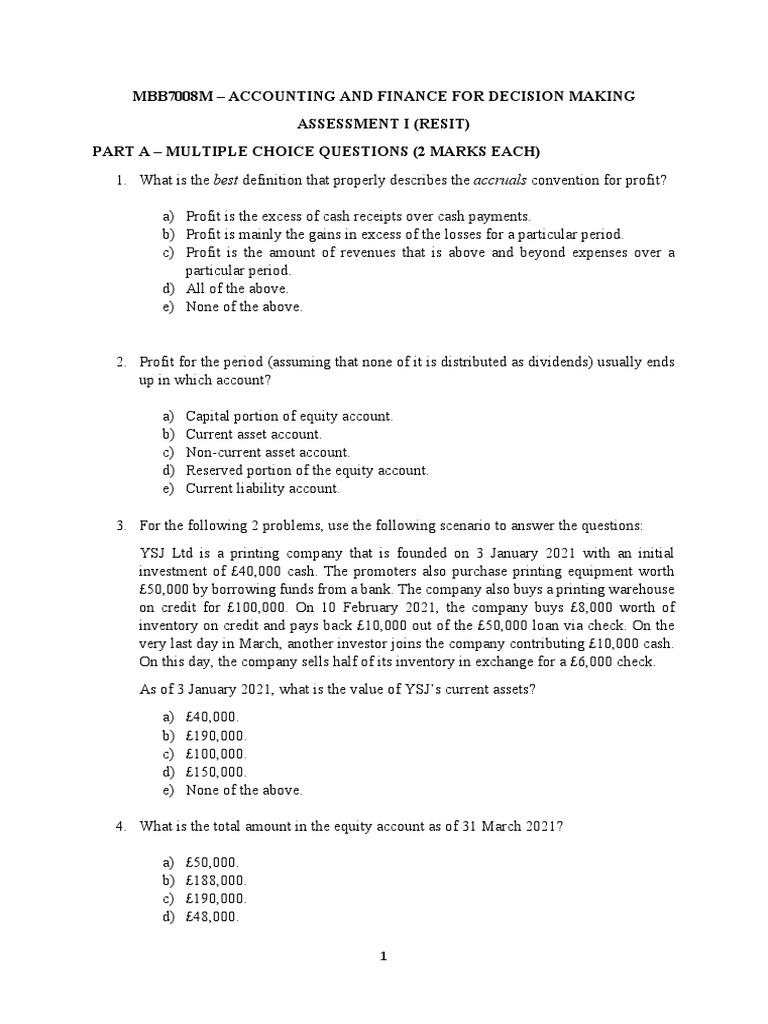 Mbb7008M - Accounting and Finance For Decision Making Assessment I (Resit) Part A - Multiple ...
