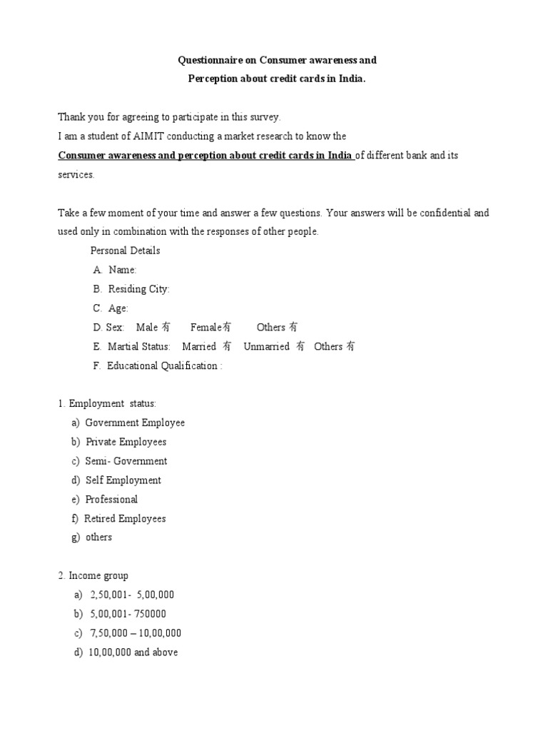 Questionnaire On Consumer Awareness and Perception About Credit Cards ...