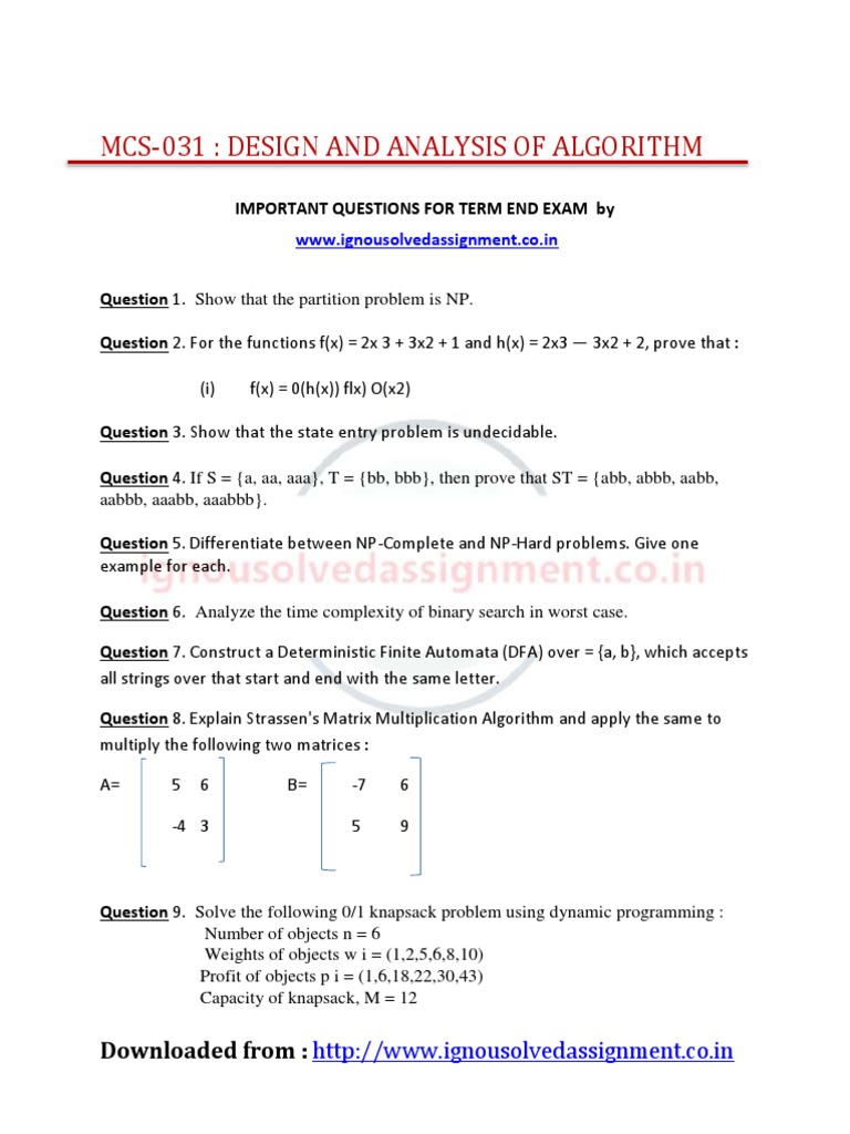 Mcs-031: Design and Analysis of Algorithm: Downloaded From | PDF | Computational Complexity ...
