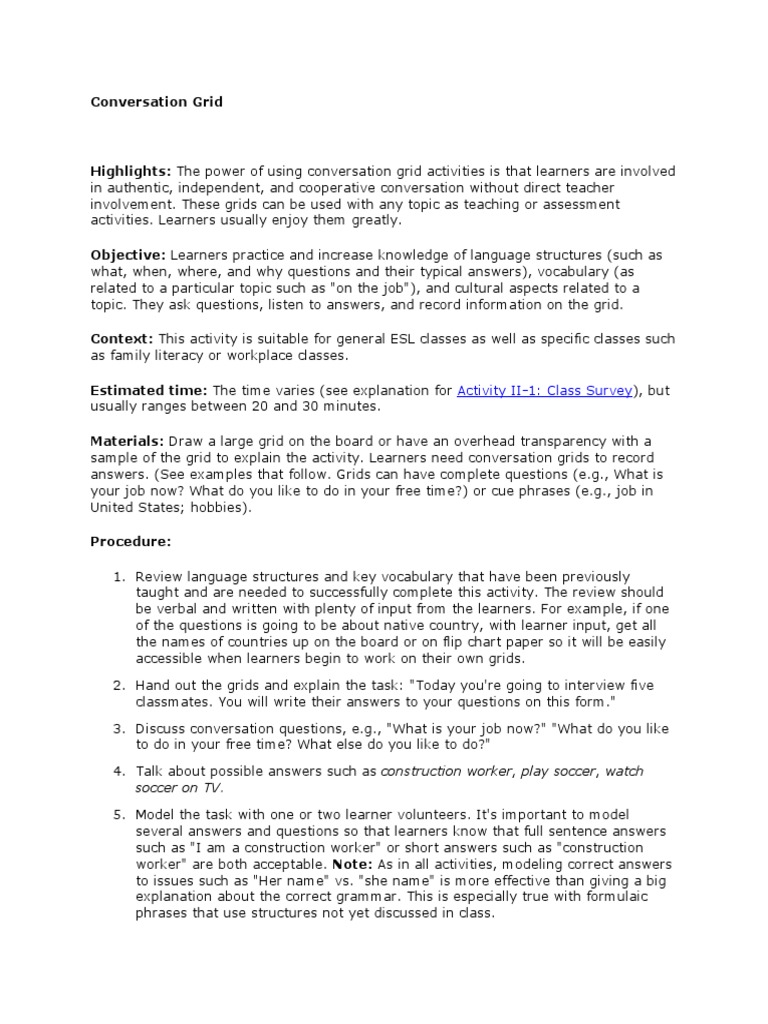 Conversation Grid Instructions | PDF | Question | English As A Second ...