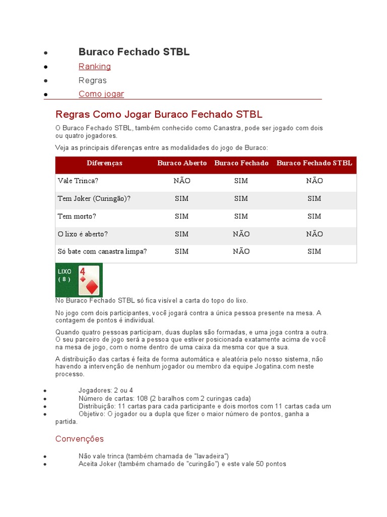 Buraco Fechado STBL | Download grátis PDF | Lazer | Esportes
