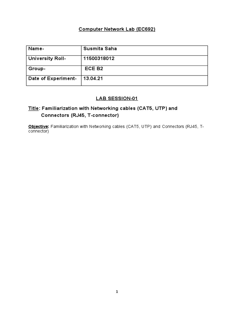 Computer Network Lab (EC692) : Objective: Familiarization With Networking Cables (CAT5, UTP) and ...