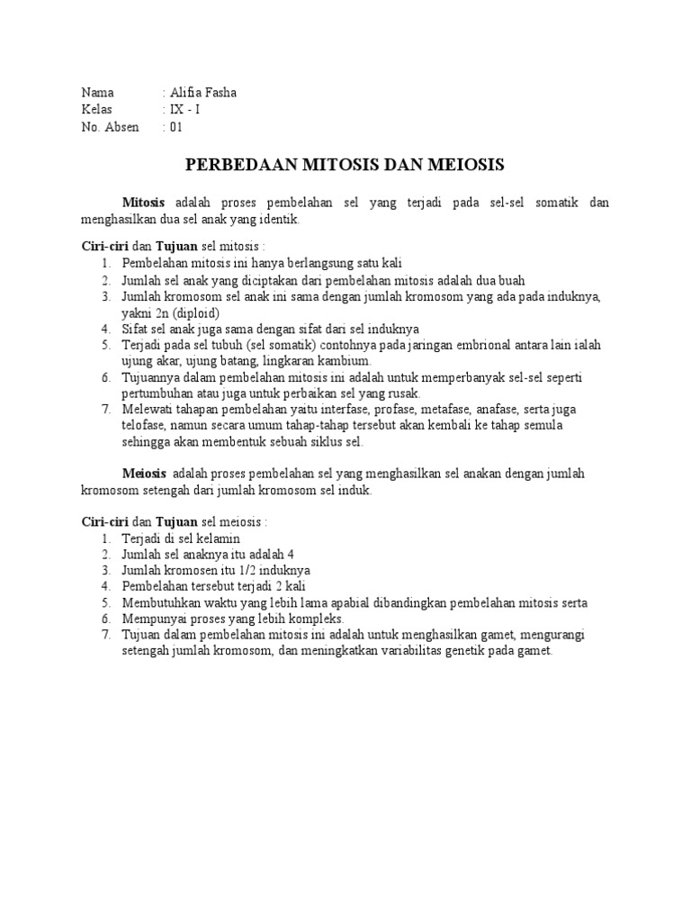 Perbedaan Mitosis Dan Meiosis Pdf