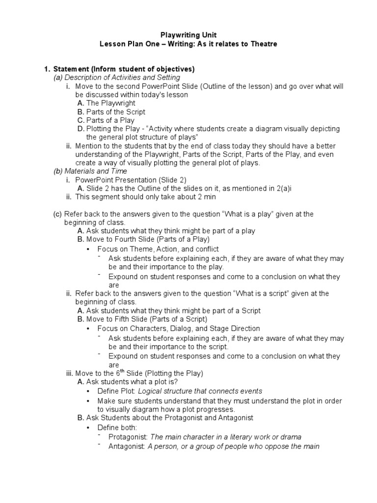 (A) Description of Activities and Setting: Playwriting Unit Lesson Plan ...