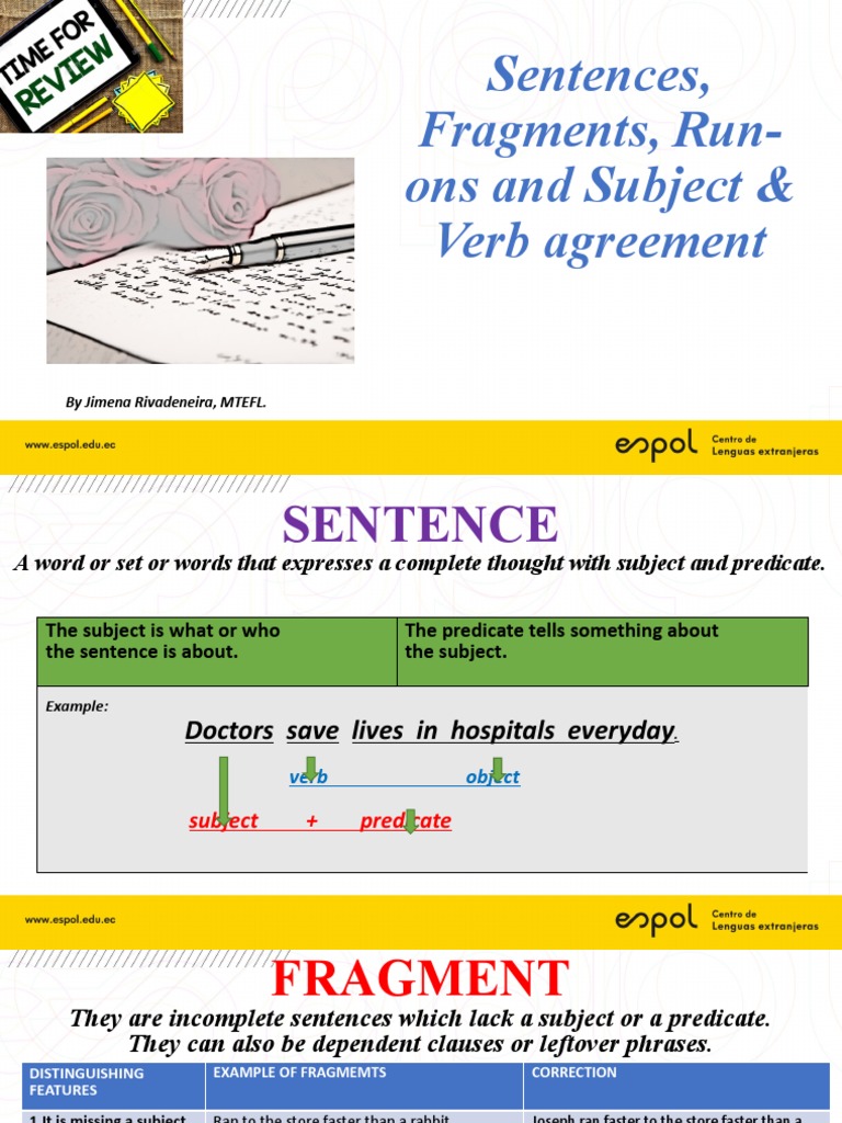1.1bsentences, Fragments, Run-Ons and Subject & Verb Agreement-1 | PDF ...