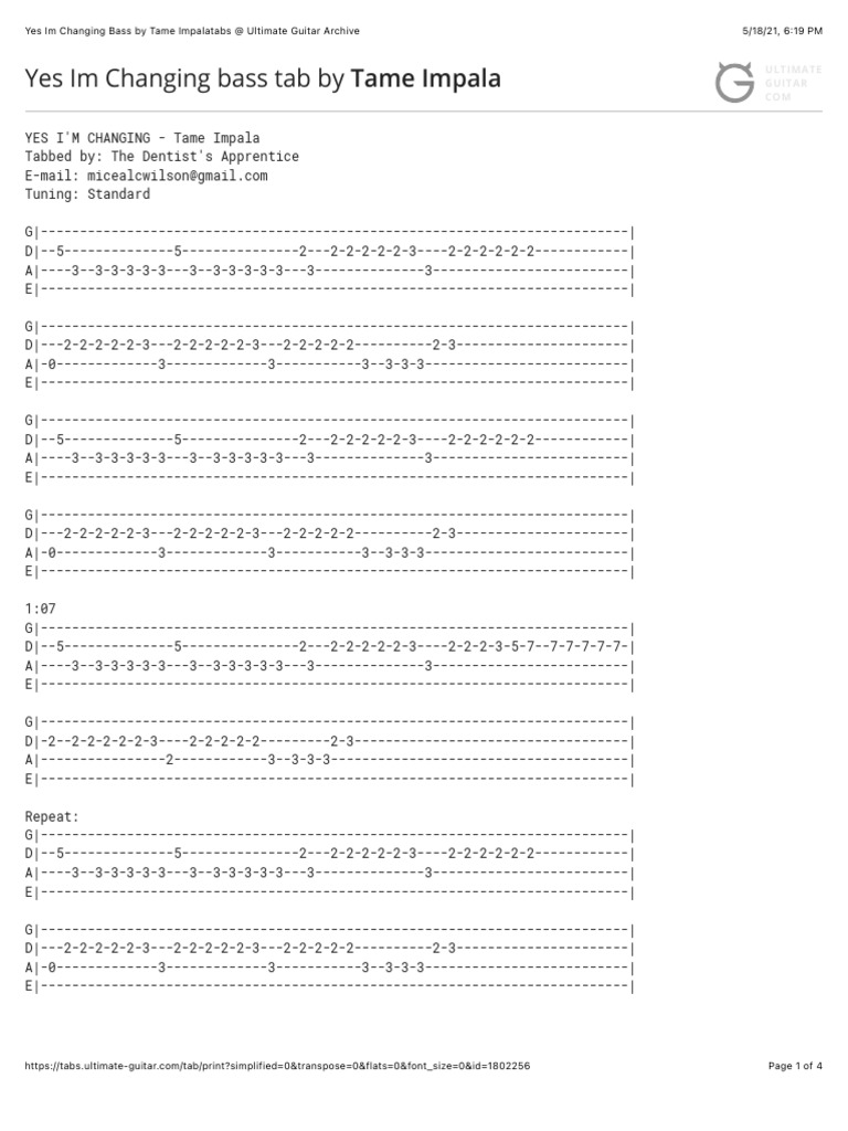 Yes Im Changing Bass by Tame Impalatabs at Ultimate Guitar Archive ...